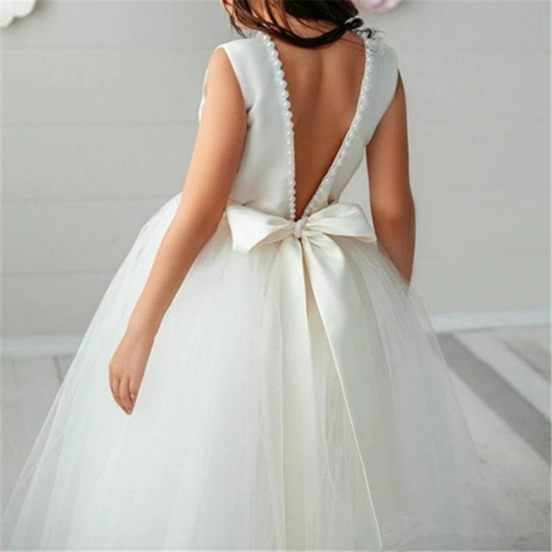 Flower Girl Dress, Open Back Pearl Flower Girl Dress, Communion Dress ...