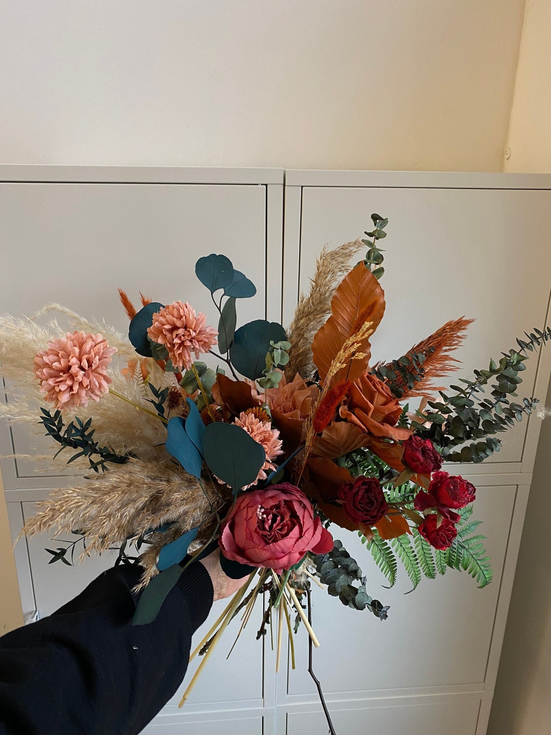 Red and Burnt Orange Artificial Flowers Wedding Bouquet / Dried Pampas ...