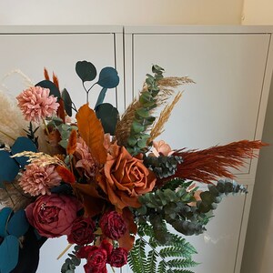 Red and Burnt Orange Artificial Flowers Wedding Bouquet / Dried Pampas ...