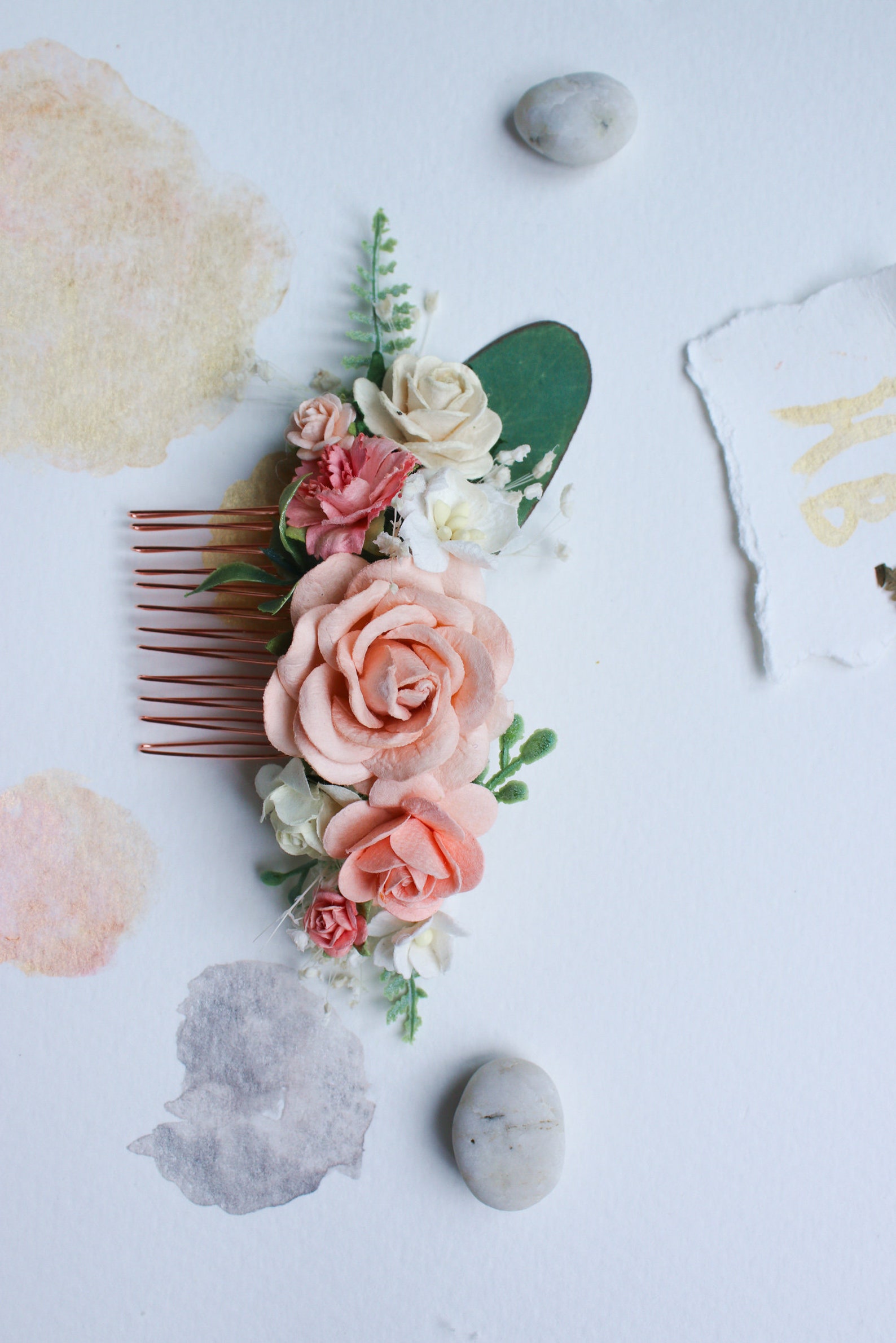 Peach Hair Comb Peach Mulberry Paper Rose Wedding Comb Rose | Etsy