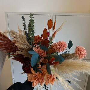 Red and Burnt Orange Artificial Flowers Wedding Bouquet / Dried Pampas ...