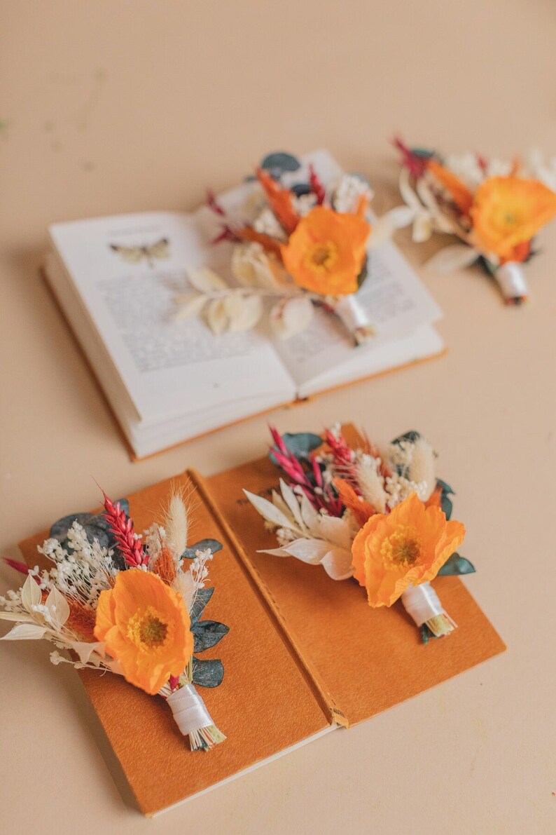 Silk Orange Poppy & Eucalyptus Boutonnieres / Lapel Pin for - Etsy