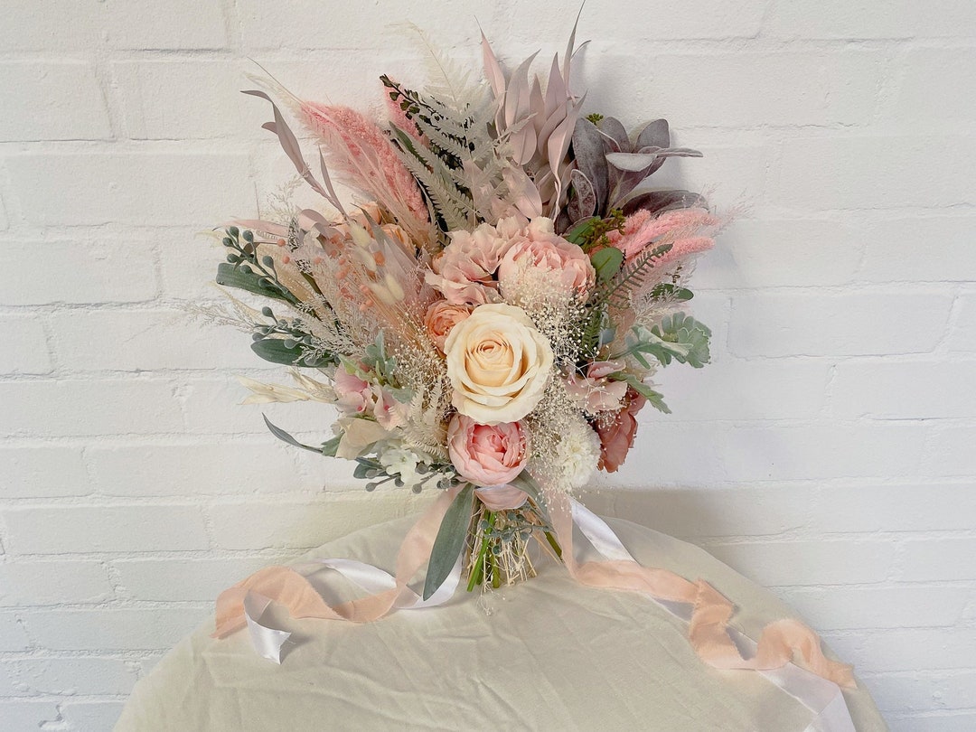 Pastel Pink Artificial Roses & Eucalyptus Boho Bridal Bouquet / Fake ...