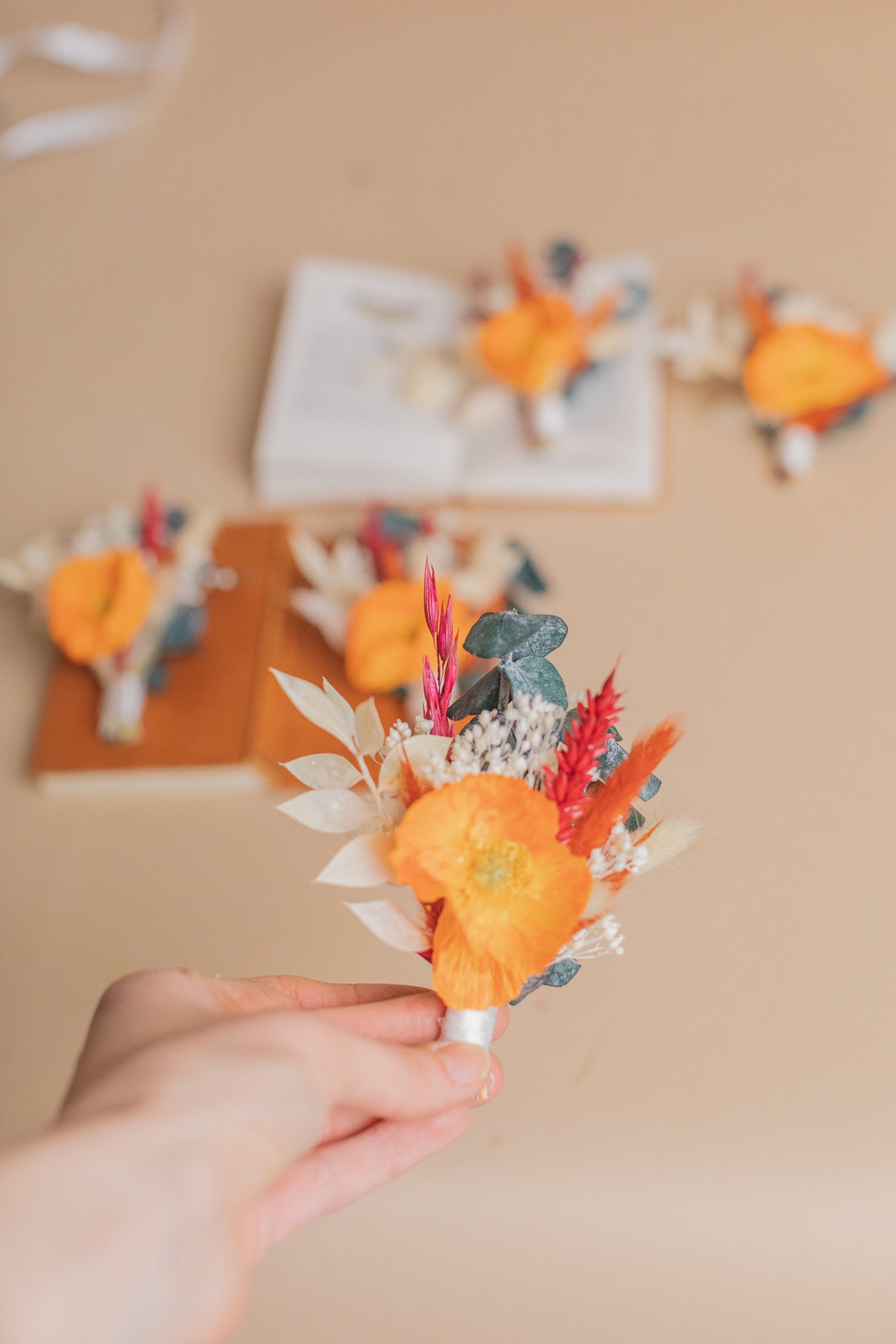 Silk Orange Poppy & Eucalyptus Boutonnieres / Lapel Pin for | Etsy