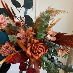 Red and Burnt Orange Artificial Flowers Wedding Bouquet / Dried Pampas ...