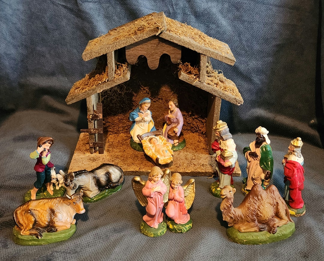 Mid Century Paper Mache Wood Nativity Set 12 Piece Large Italian Italy ...