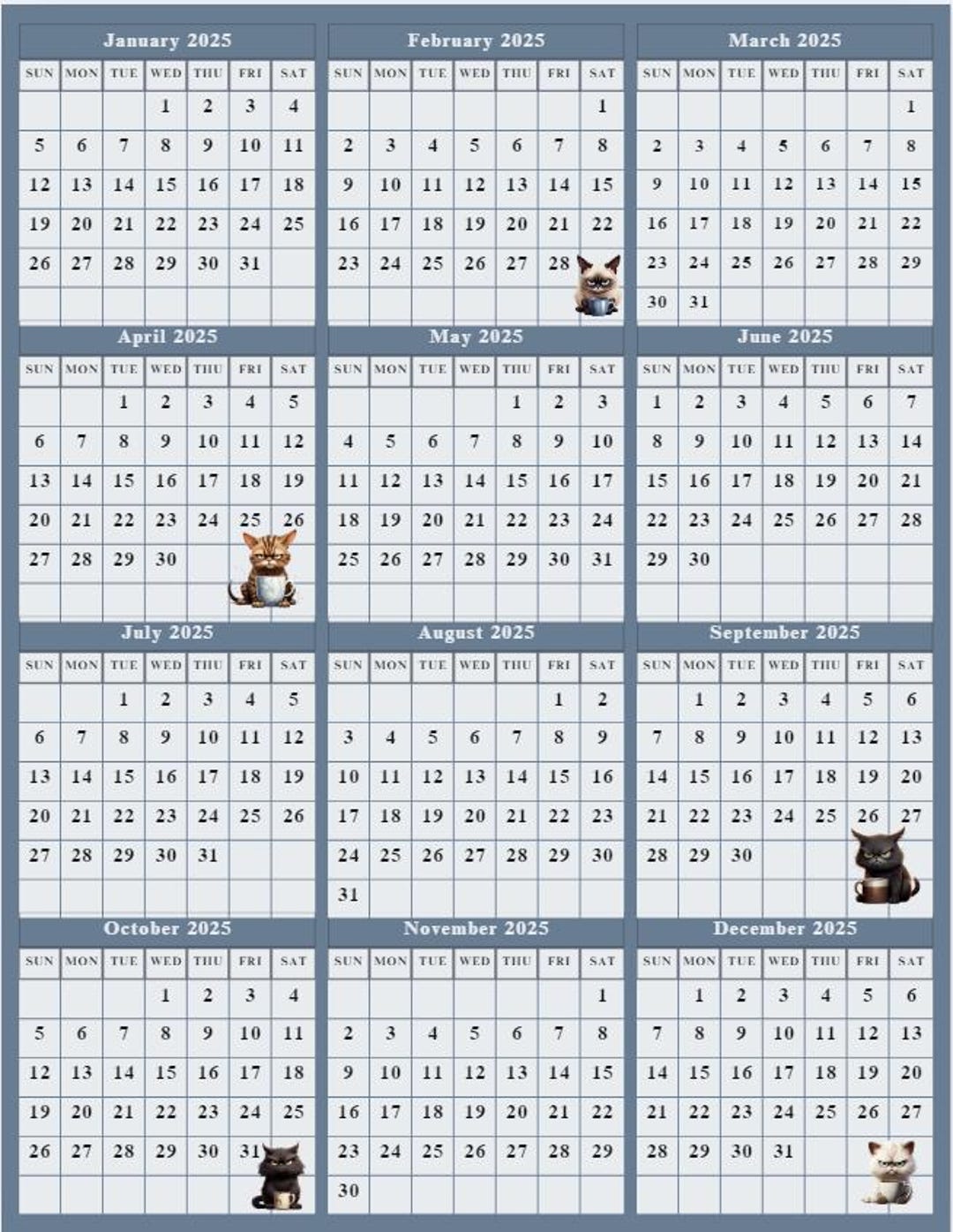 Grumpy Cat Calendar 2025 Single Page - Etsy