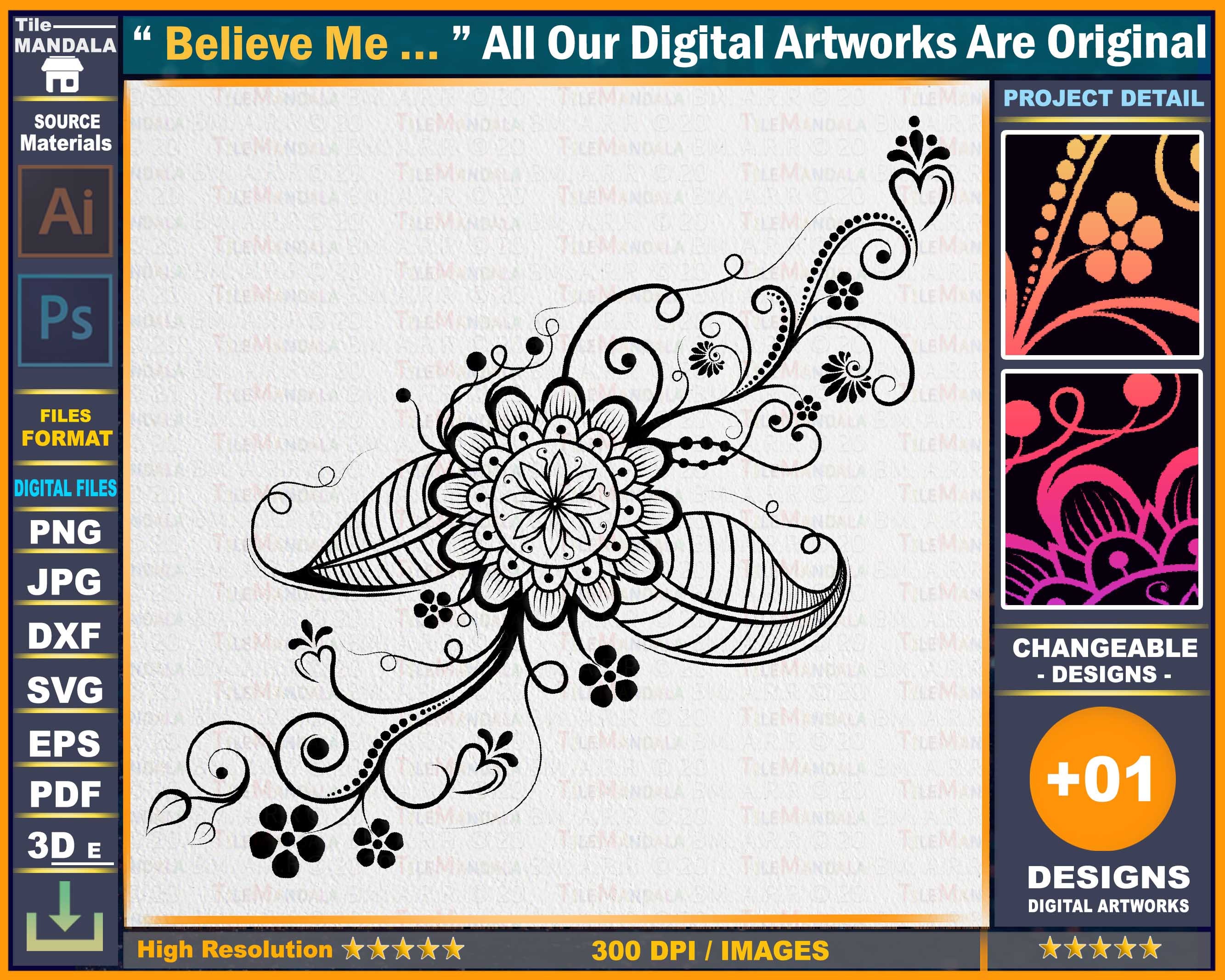 Handmade Henna Tattoo Digital - Great Design - Flower Tattoo Stencils ...