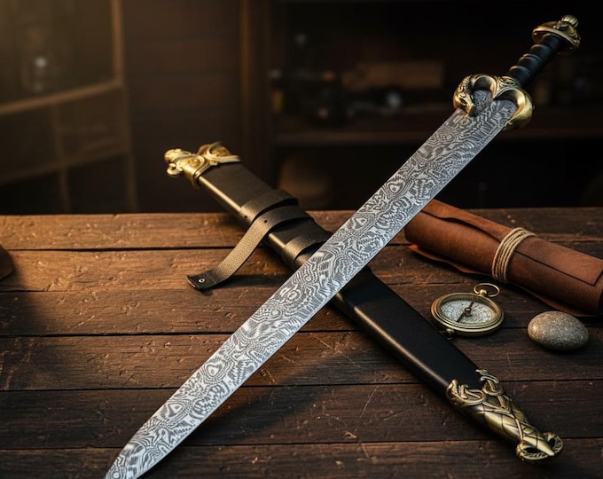 Hand Forged Damascus Short Sword | Display Collector Piece With Leather ...