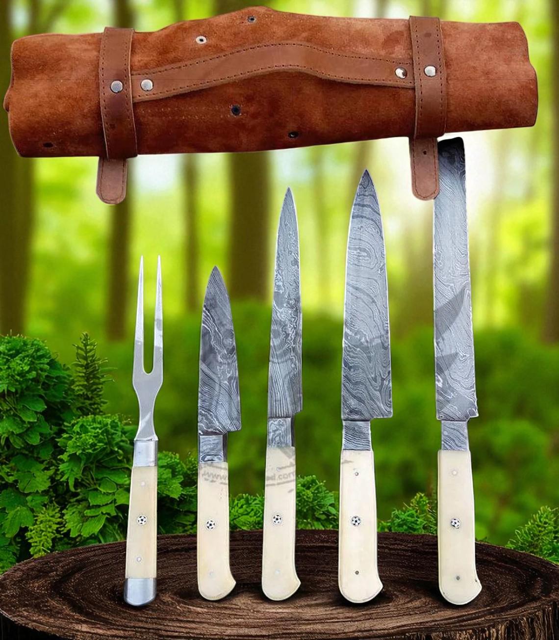 Damascus Brisket Knife Set 5pc | Steak Knife & Carving Fork ...