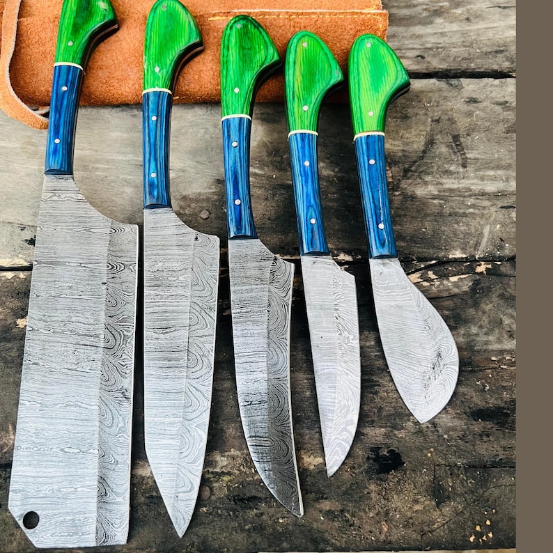 5 Pc Damascus Steel Knife Set | Green & Blue Wood Handle Professional ...