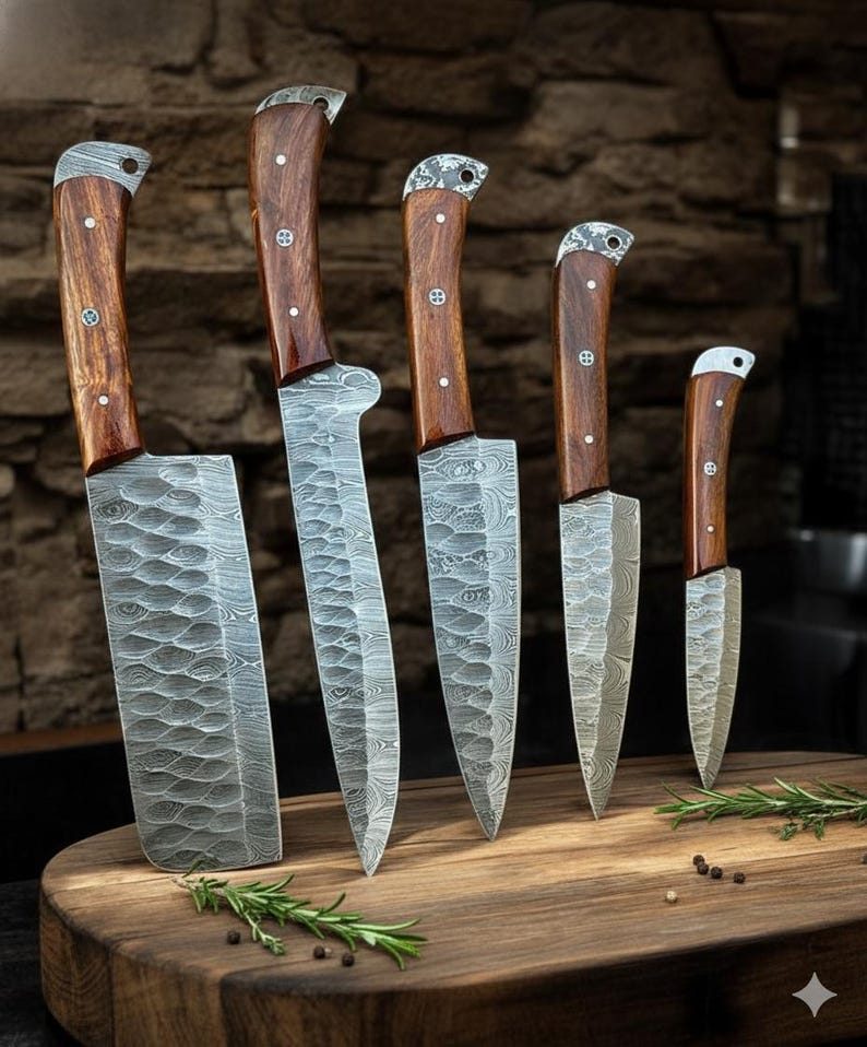 Damascus Chef Knife Set | 5pc Ladder Pattern Kitchen Knives | Rosewood ...