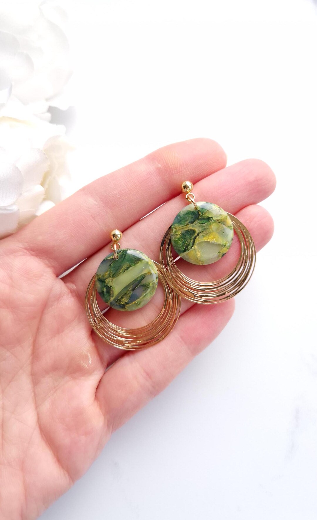 Green and Gold Marble Translucent Earrings | Handmade Polymer Clay ...
