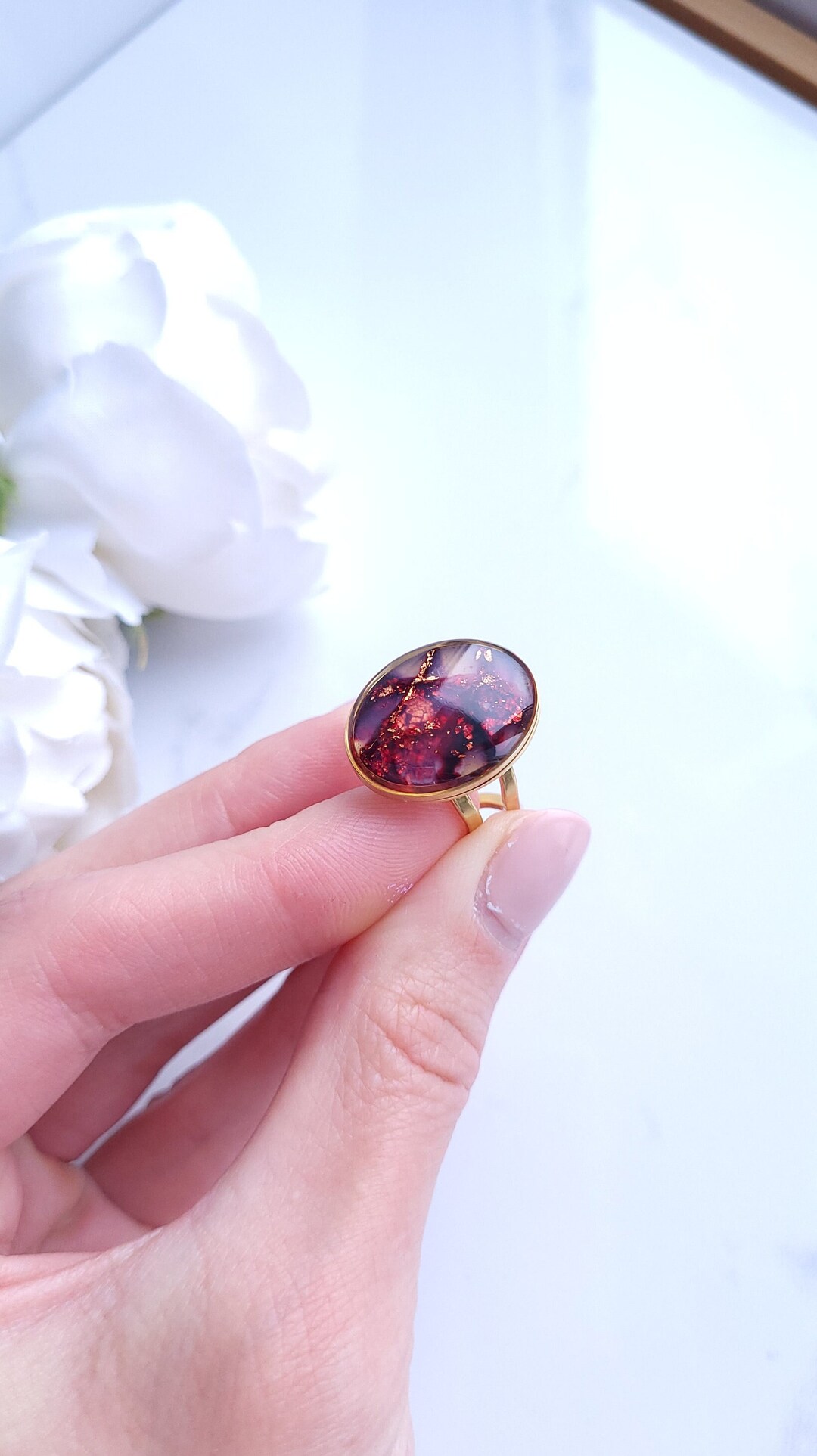 Deep Red and Gold Marble Ring | Handmade Polymer Clay Ring | Unique ...