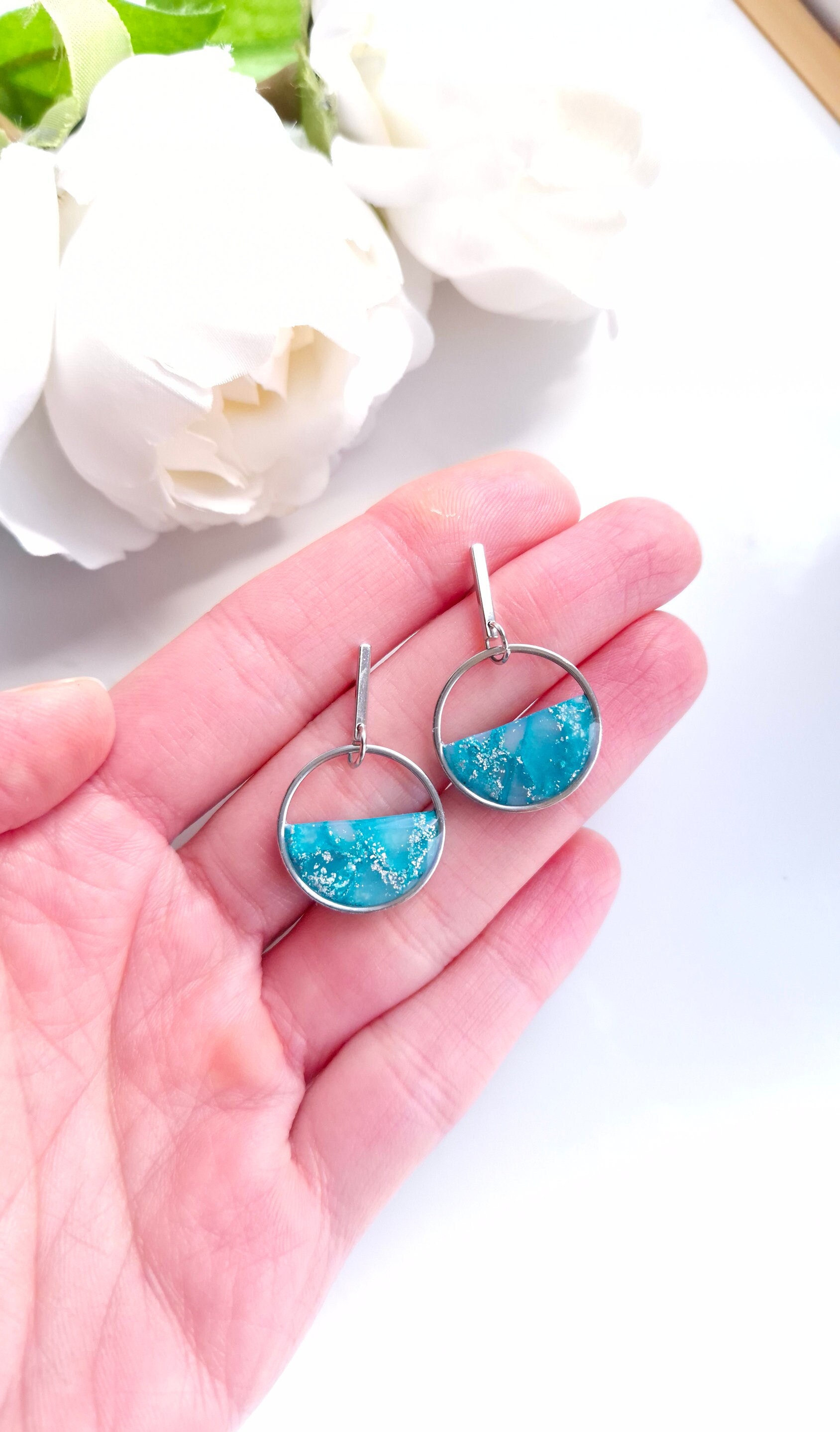Teal and Silver Marble Translucent Earrings Handmade Polymer Clay ...