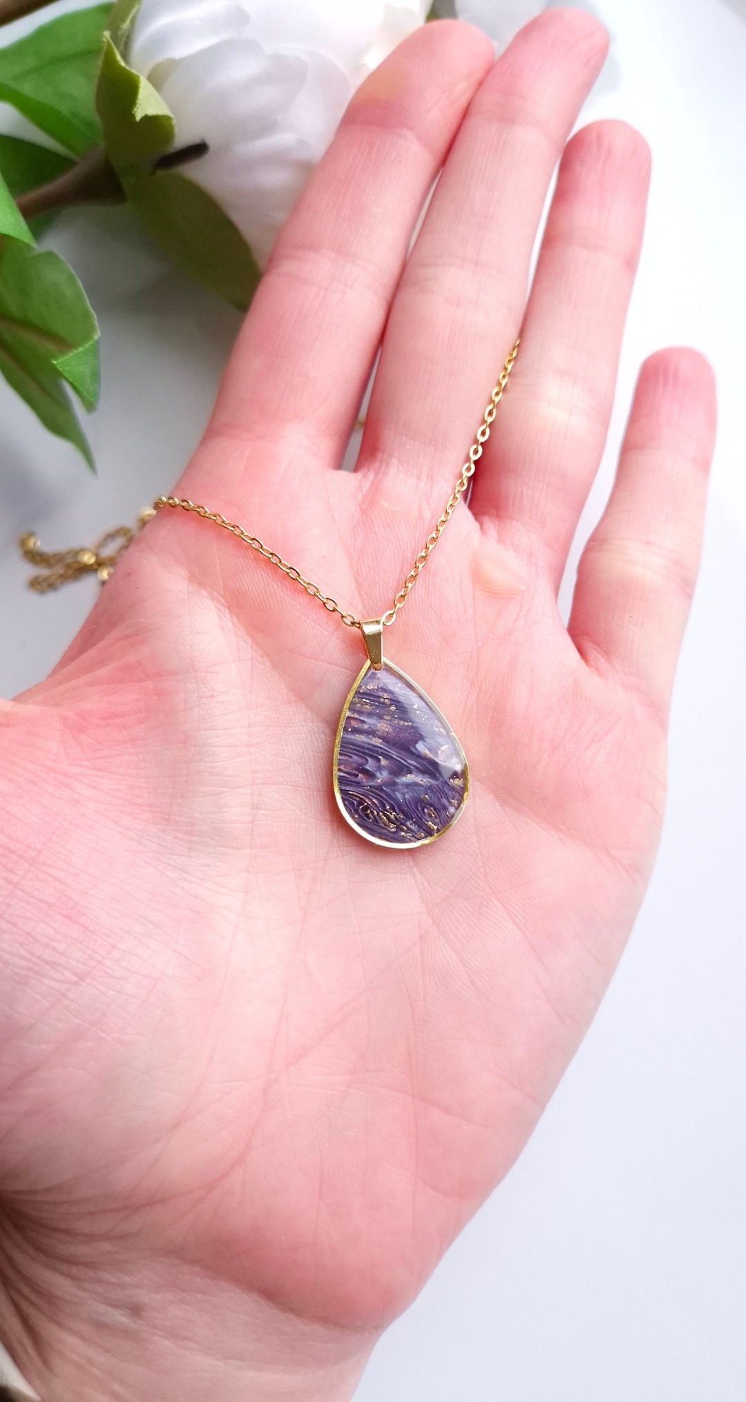 Purple and Gold Marble Pendant Necklace Handmade Polymer Clay Pendant ...