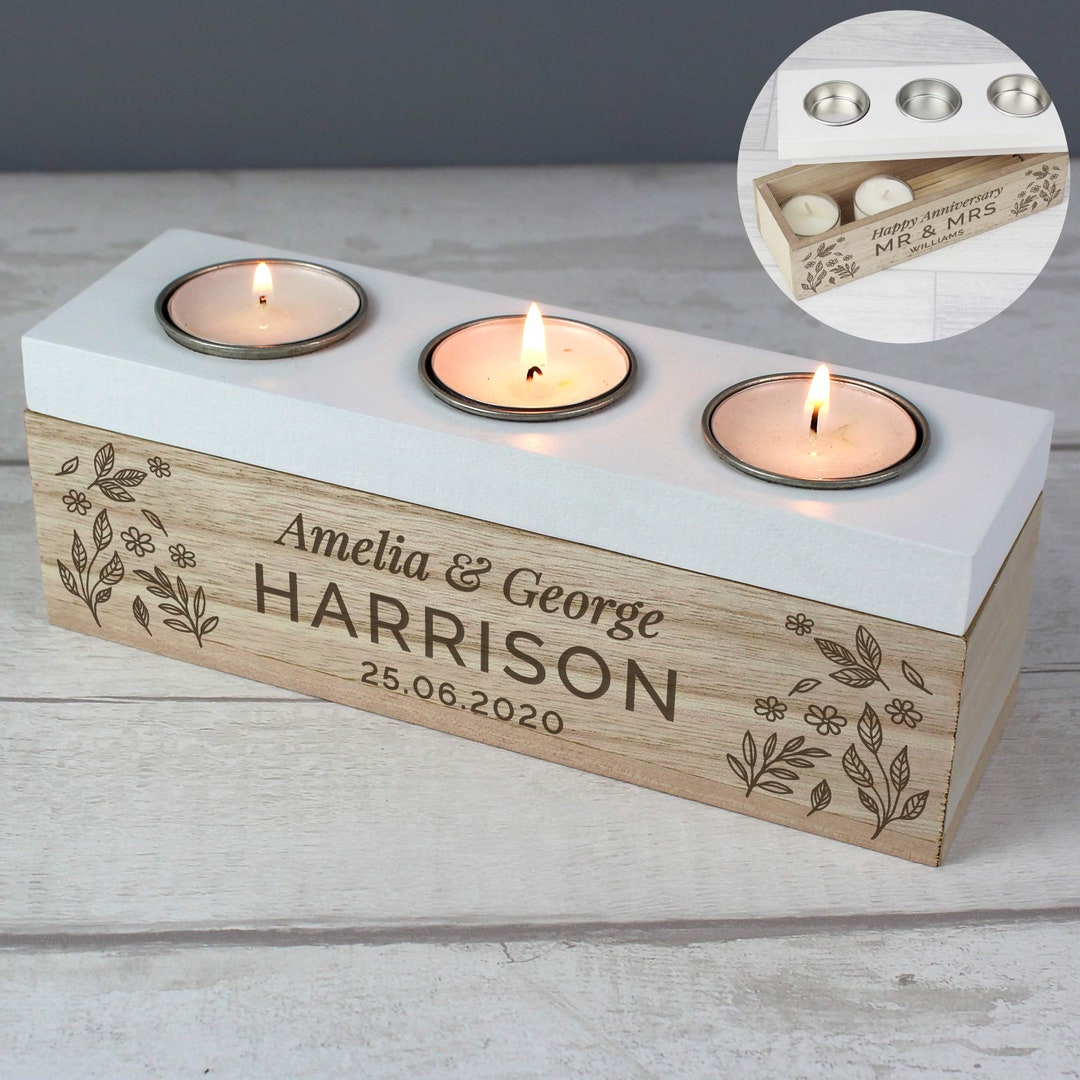 Personalised Floral Triple Tea Light Box - Wedding Gift - Memory Candle ...