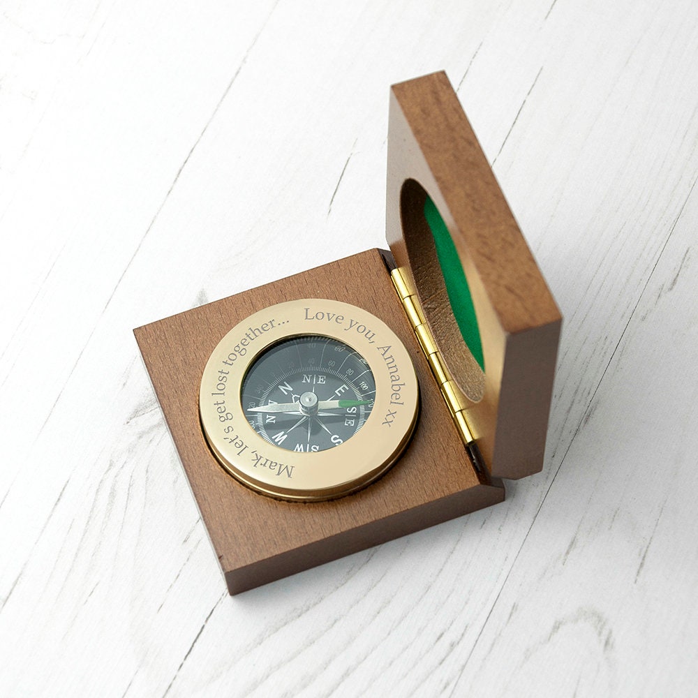 Personalised Brass Travellers Compass With Wooden Box - Travel Gift ...