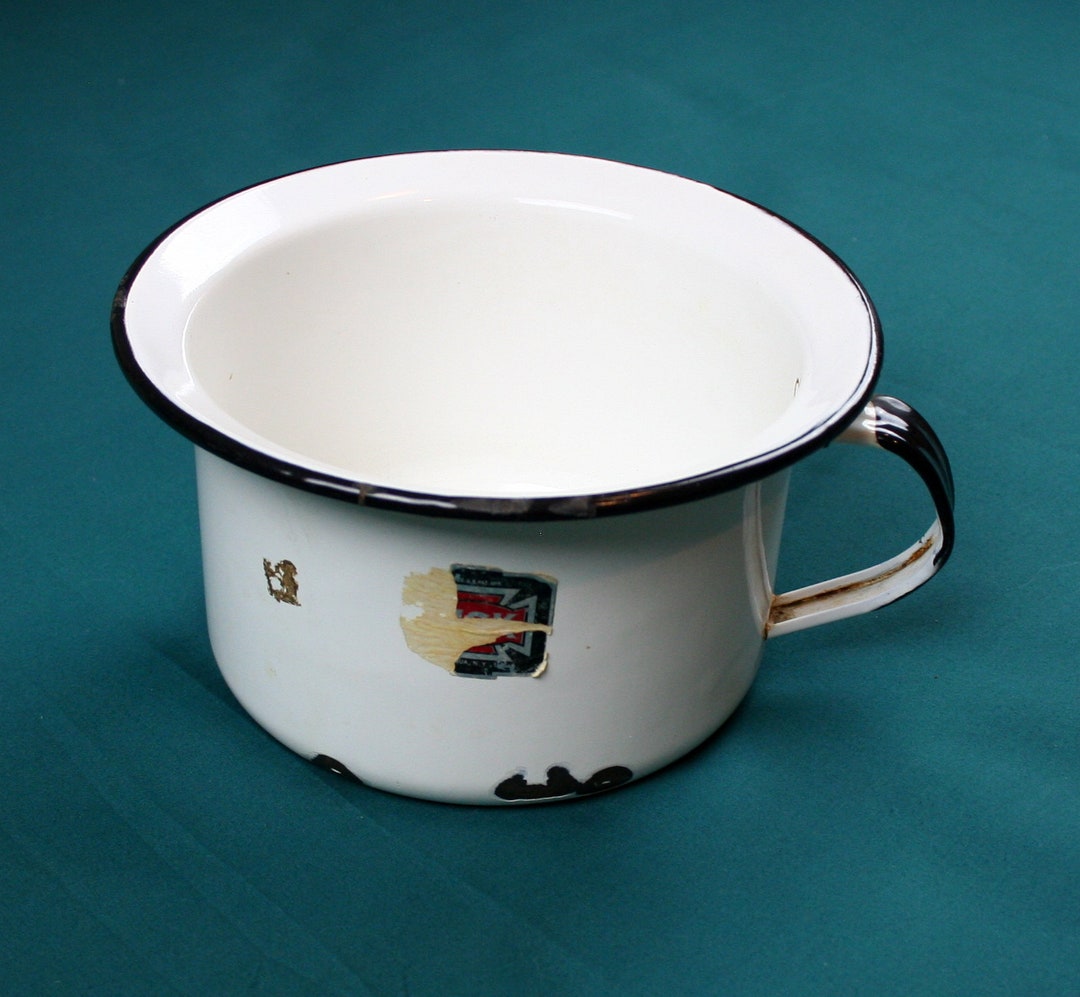 Vintage Enamelware Chamber Pot Child Size White Black With Handle Plant ...