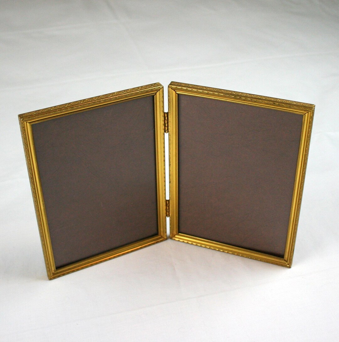 Gold Metal Picture Frame Bifold Glass Two Photo Holders Vintage - Etsy