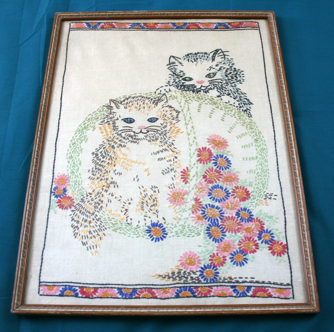 Vintage Cat Embroidery Framed With Glass 1940's Handmade Picture - Etsy