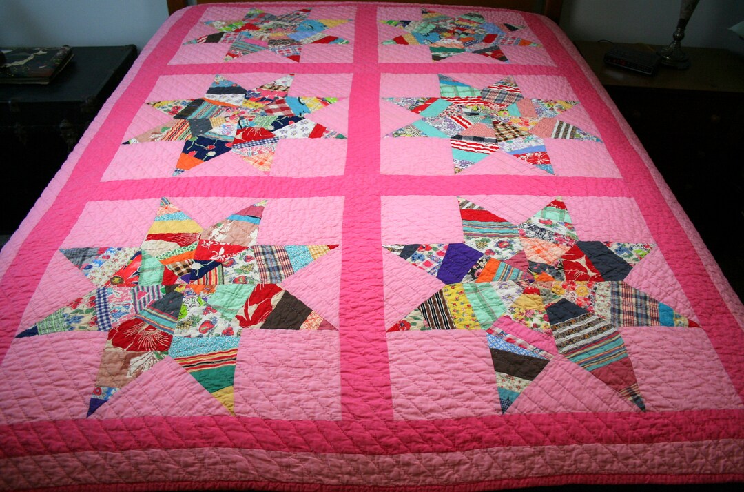 Vintage Patchwork Quilt Hand Quilted Star Pattern Homemade Unused - Etsy