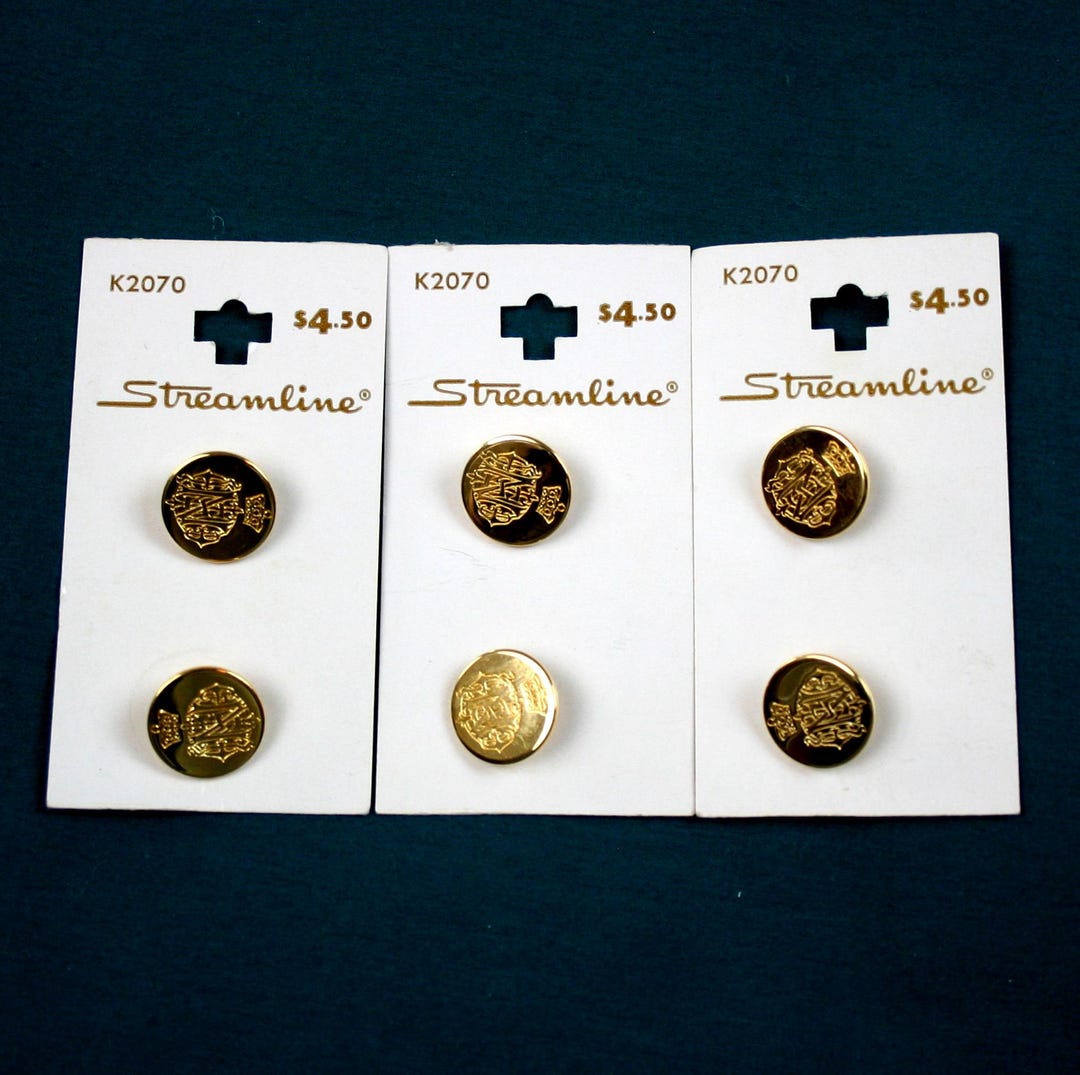 Embossed Metal Shank Buttons Streamline on Cards Gold Tone Crown ...