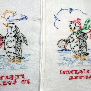 Dish Tea Towels Penguins Set 4 Hand Embroidered Vintage Farmhouse ...