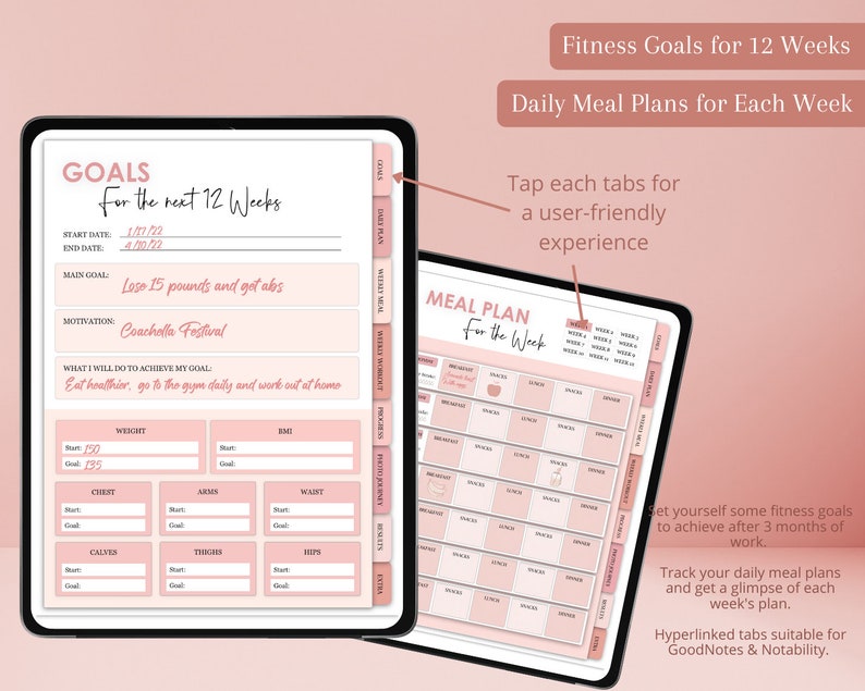 Weight Loss Tracker Digital for Goodnotes Ipad, Pink Fitness Planner ...