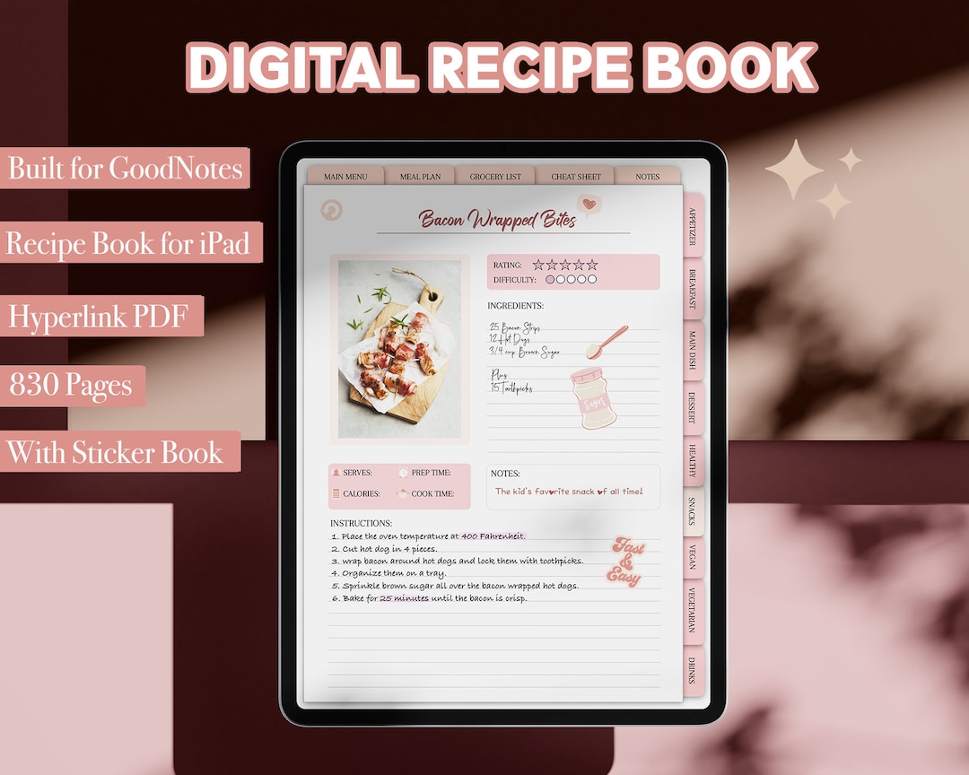 Digital Recipe Book in Pink for Goodnotes & Notability | Hyperlinked ...