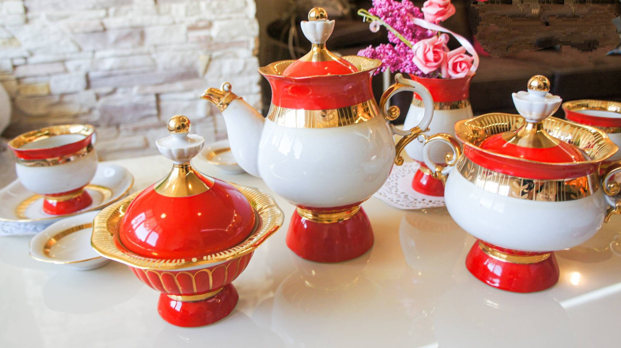 Tea Set Vintage, Red Tea Set Antique, Soviet Vintage Tea Set, Soviet ...