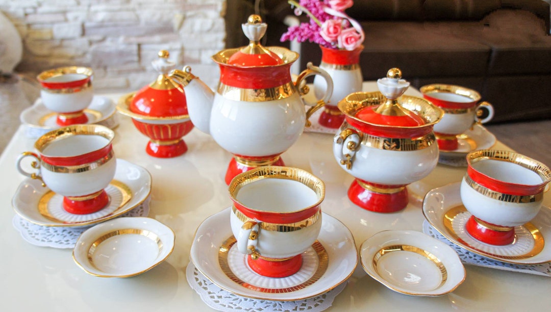 Tea Set Vintage, Red Tea Set Antique, Soviet Vintage Tea Set, Soviet ...