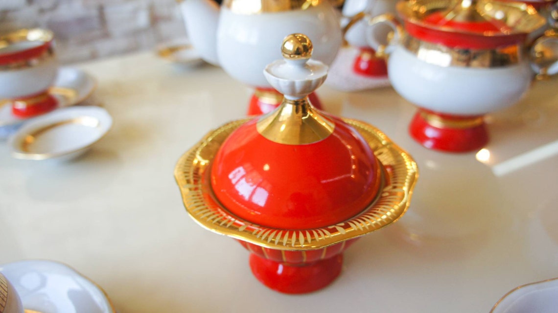 Tea Set Vintage, Red Tea Set Antique, Soviet Vintage Tea Set, Soviet ...