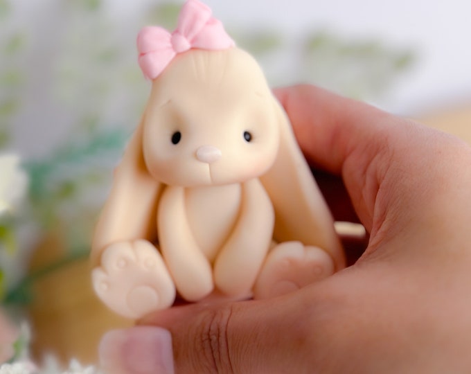 Bunny Cake Topper Beige Fondant Bunny With Pastel Pink Bow - Etsy