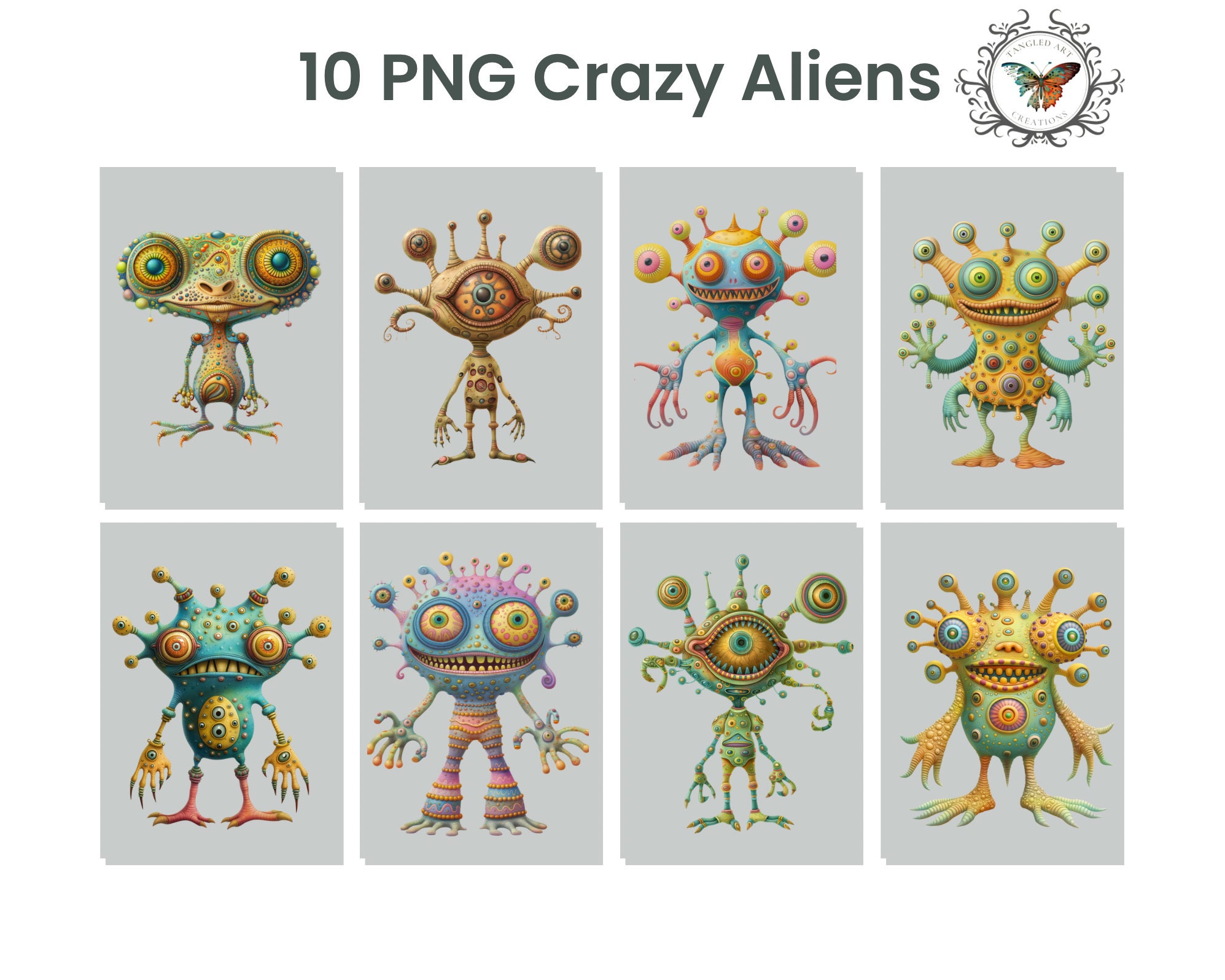 10 Whimsical Crazy Aliens PNG File 300 DPI, Great for Clipart ...