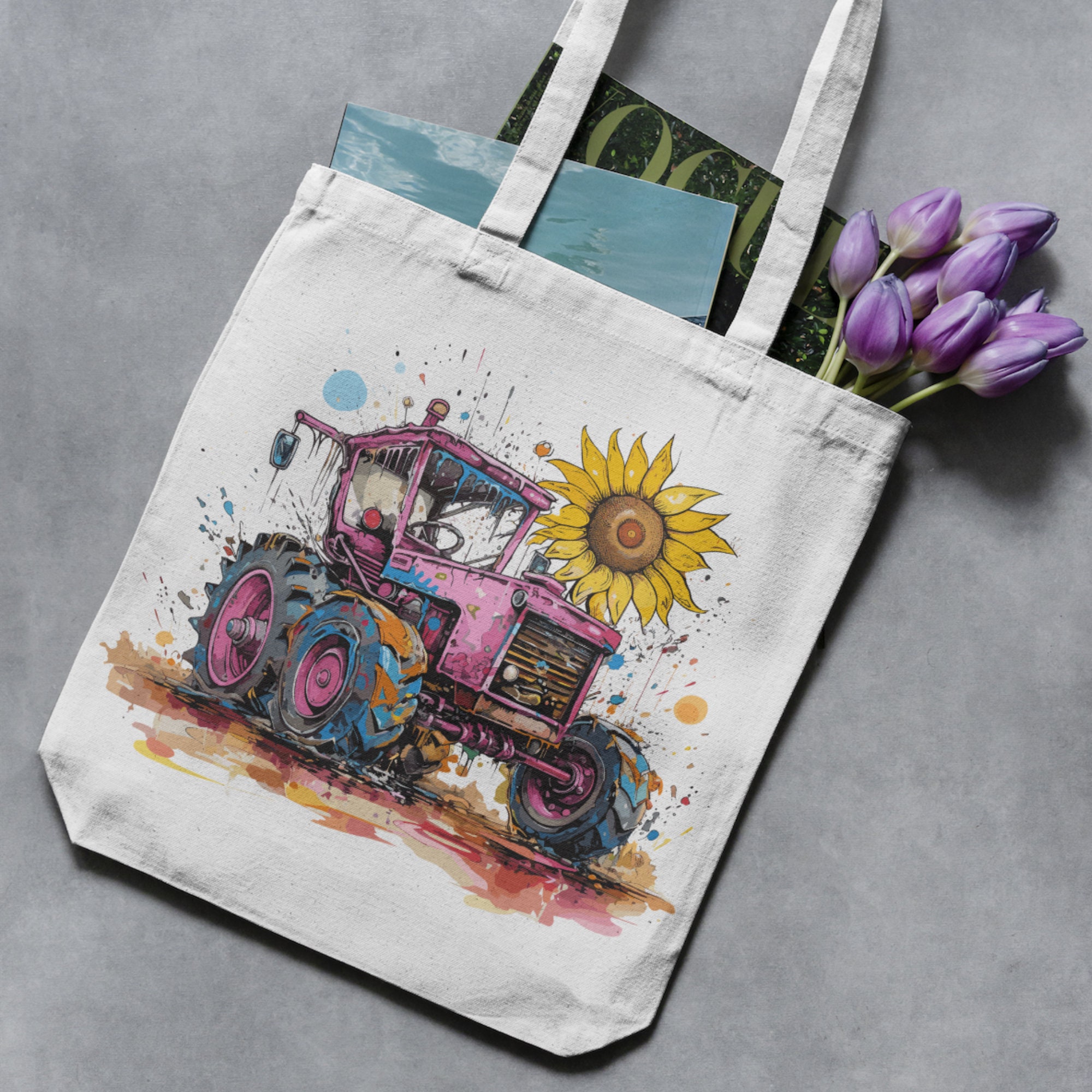 Pink Tractor With Sunflower Water Color, Clipart, PNG File 300 DPI, and ...