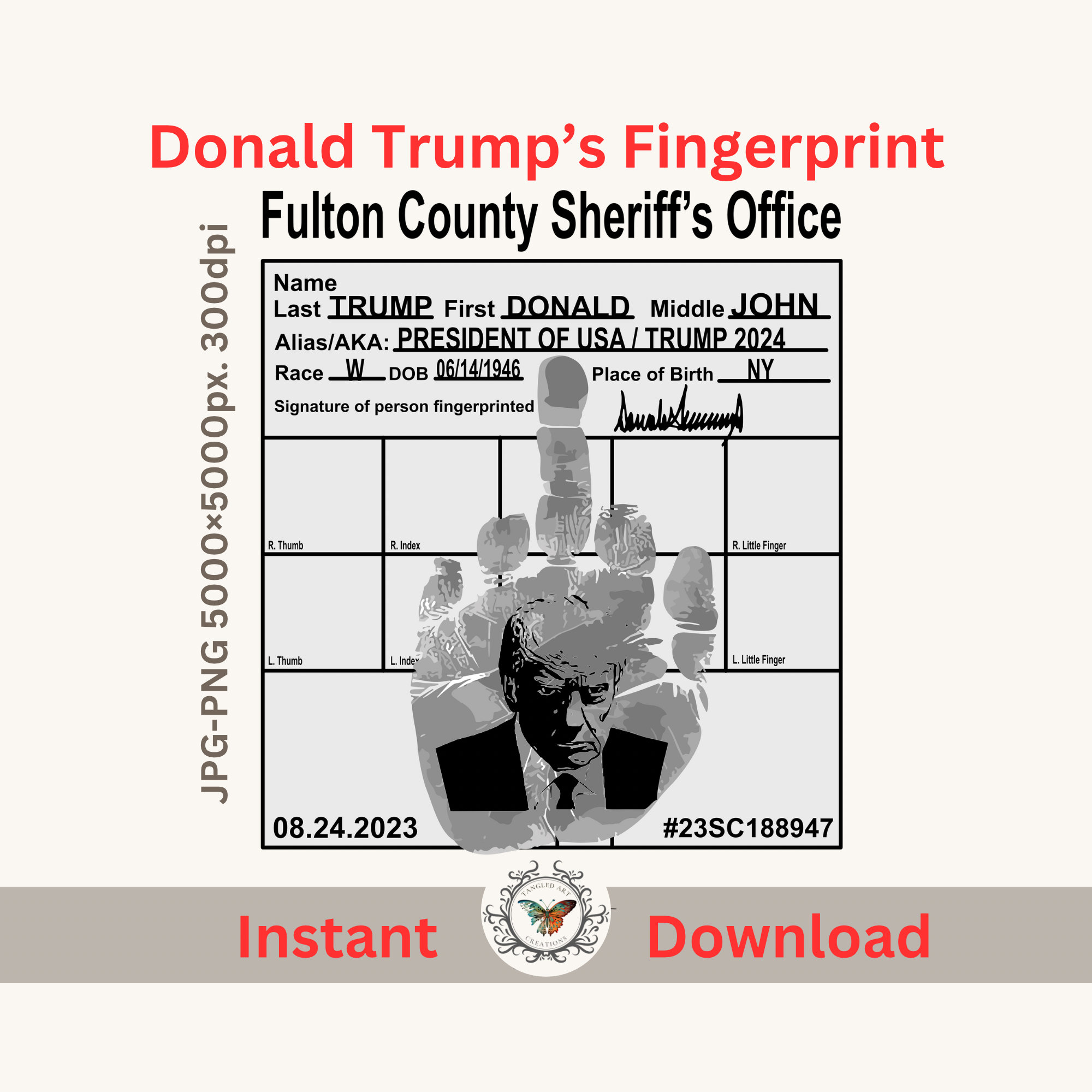 Donald Trump Fingerprint Card and Mugshot 2024, PNG. JPEG Instant ...