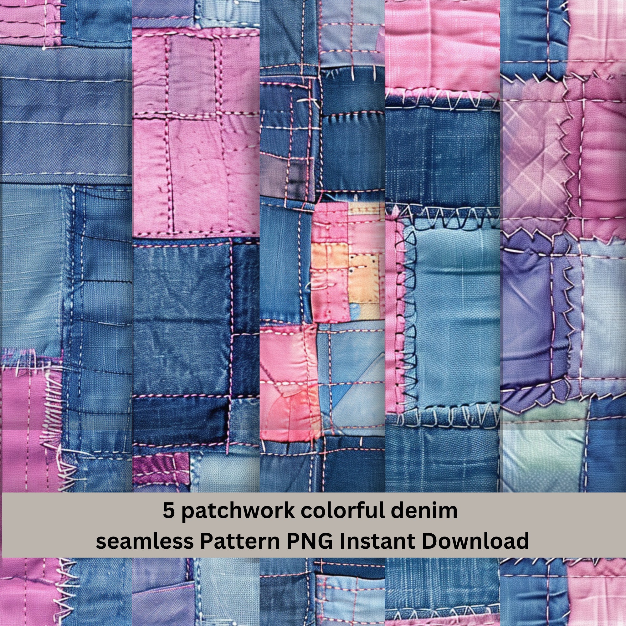 5 Elegant Patchwork Denim Seamless Pattern, PNG, Digital Art for ...