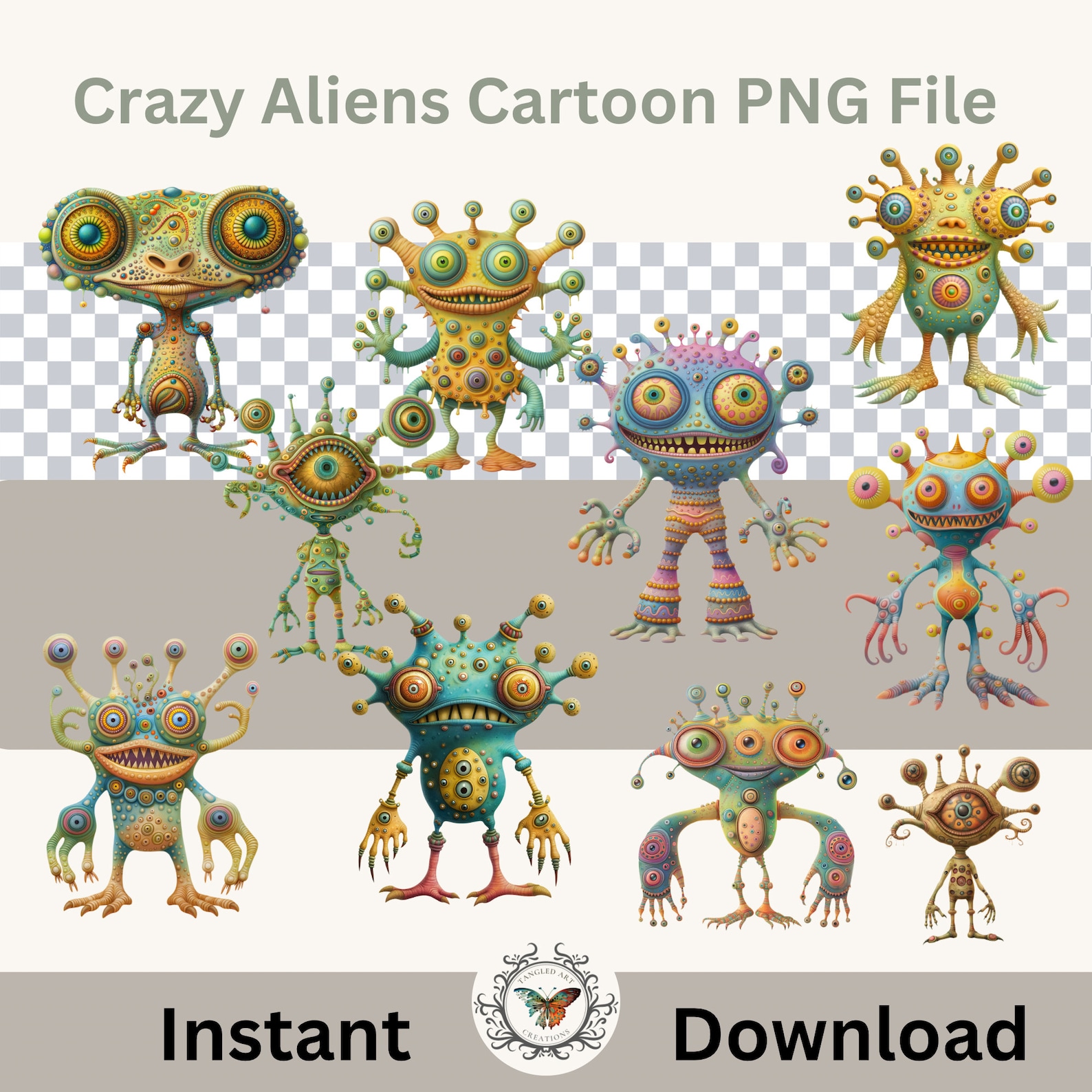 10 Whimsical Crazy Aliens PNG File 300 DPI, Great for Clipart ...