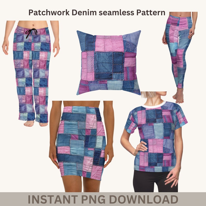5 Elegant Patchwork Denim Seamless Pattern, PNG, Digital Art for ...