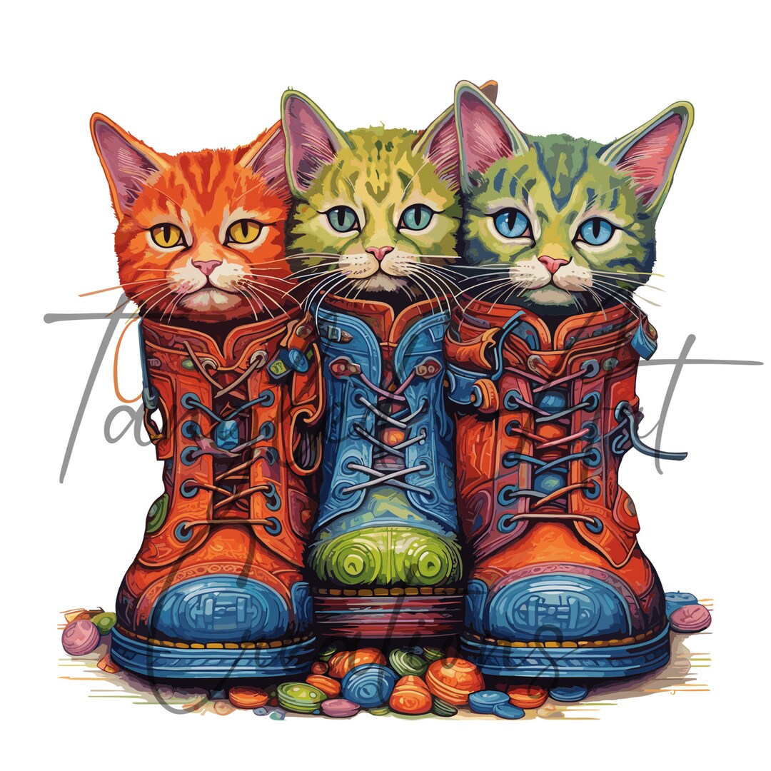 Colorful Intricate Cats Inside of Boots, PNG File 300 DPI, Vector File ...