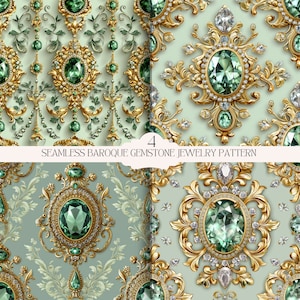4 Elegant Green and Gold Baroque Gemstone Jewelry Seamless Pattern ...