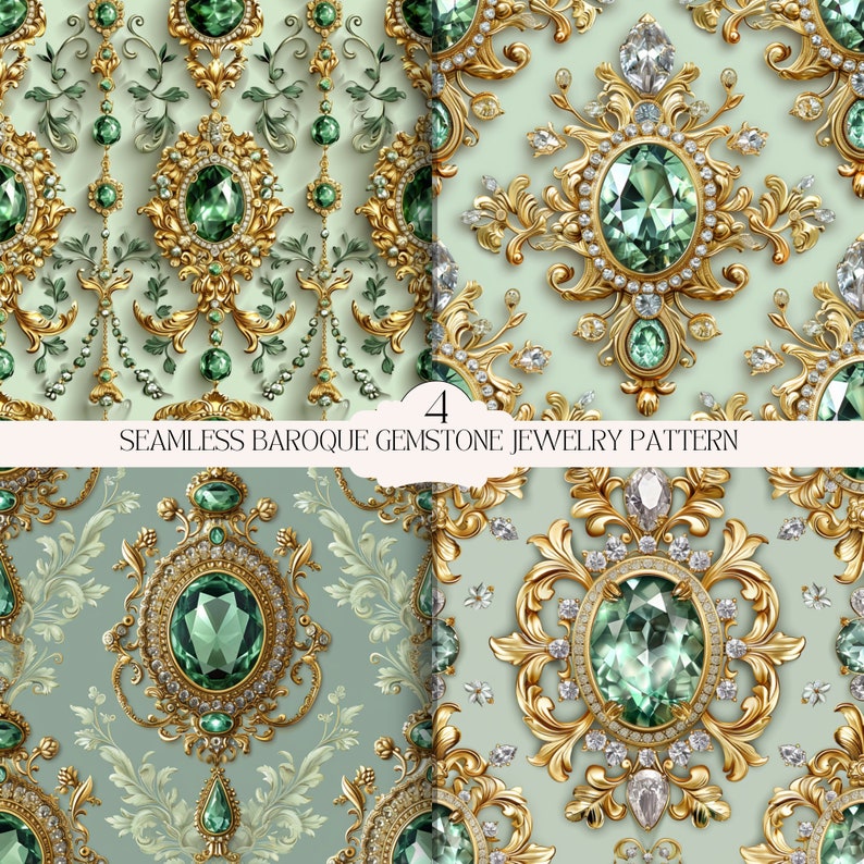 4 Elegant Green and Gold Baroque Gemstone Jewelry Seamless Pattern ...