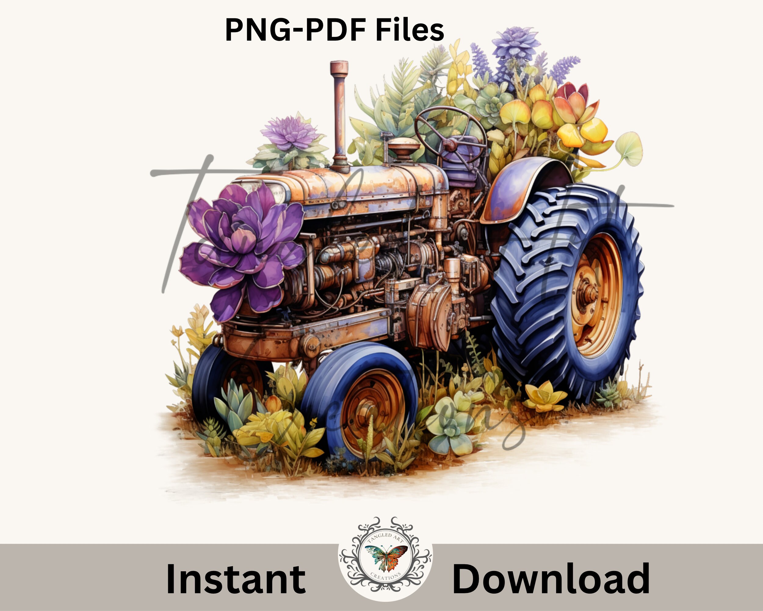 Purple Tractor With Succulents - PNG Sublimation, Clipart - Printable ...