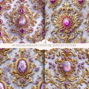 4 Elegant Purple Barque Gemstone Jewelry Seamless Pattern, Digital Art ...