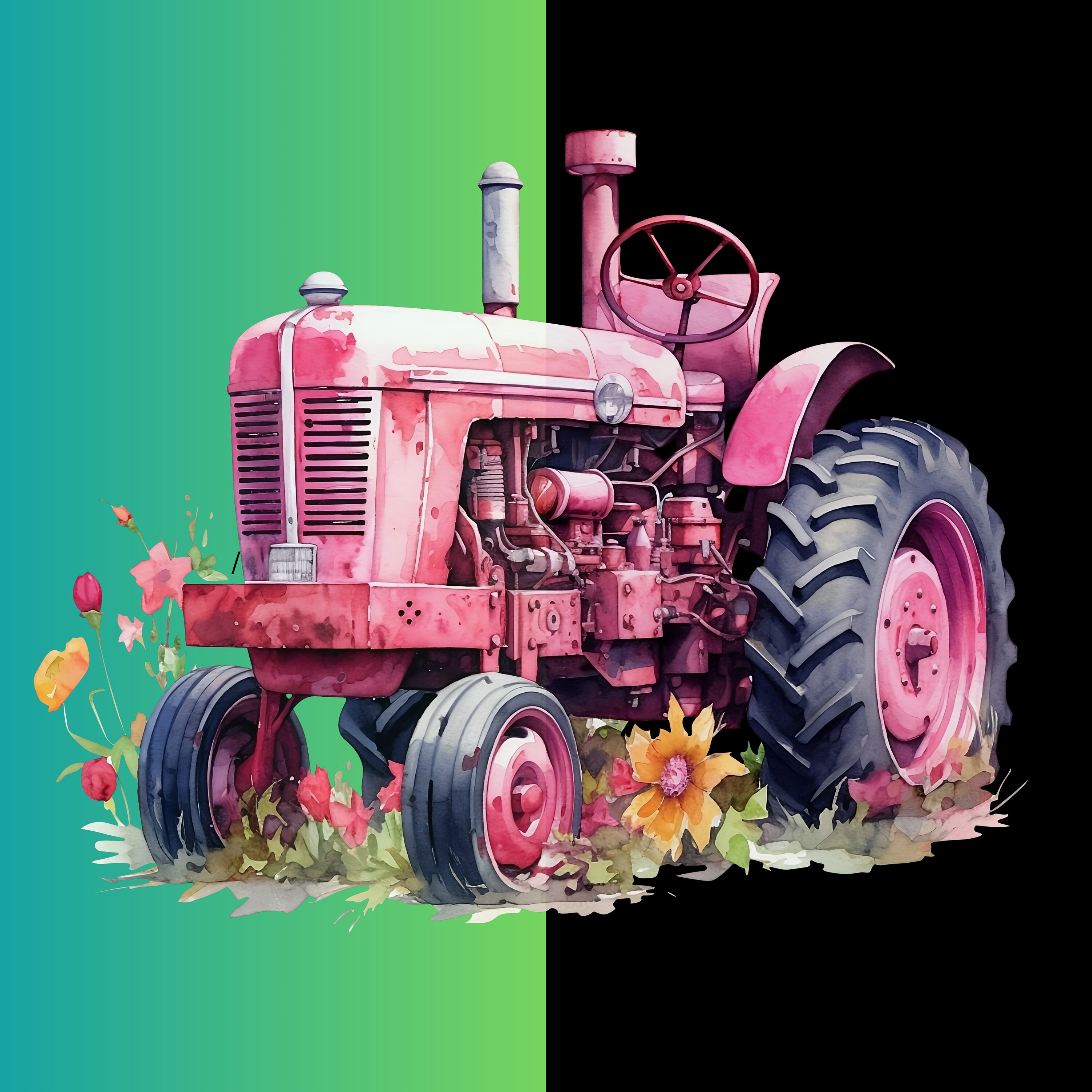 Pink Tractor With Flowers Water Color, Clipart, PNG File 300 DPI, and ...