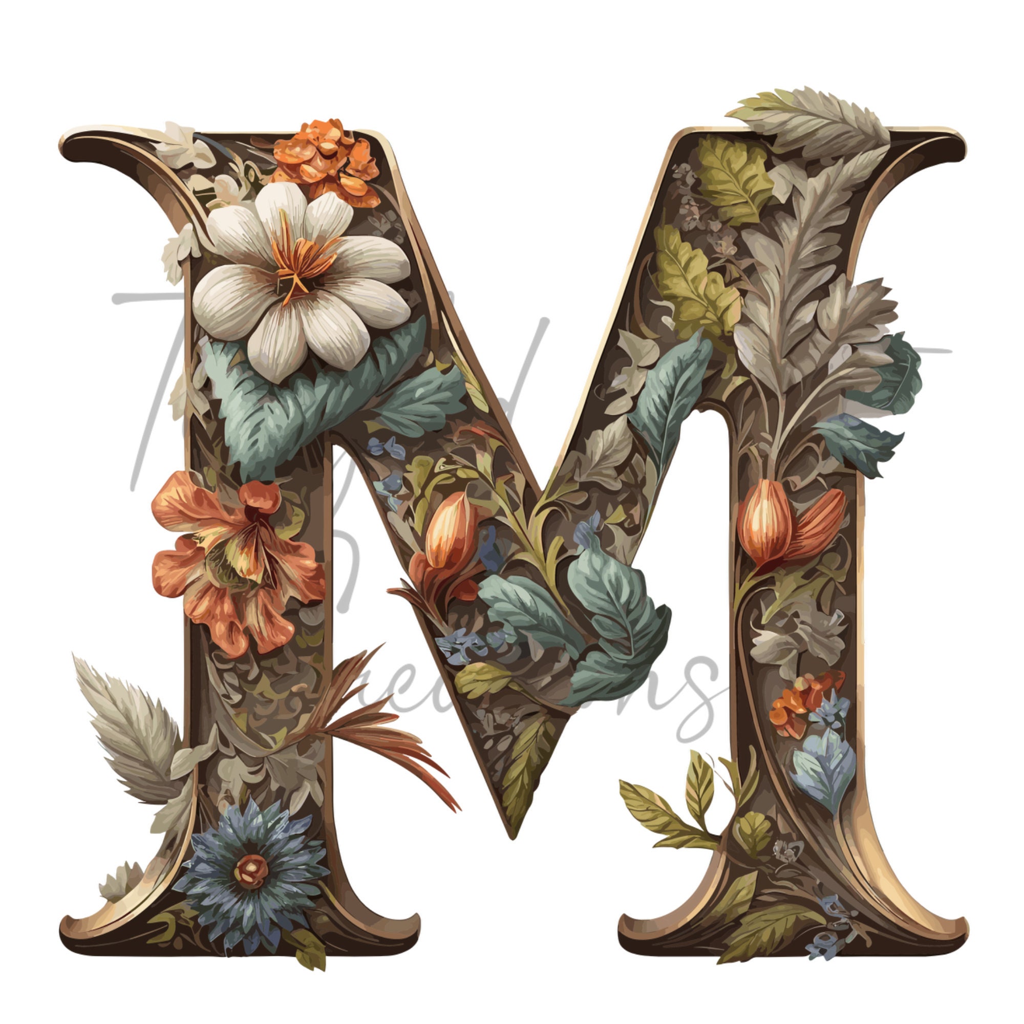 A Decorative Letter M in Bloom, With Beautiful Flowers, Botanical , PNG ...