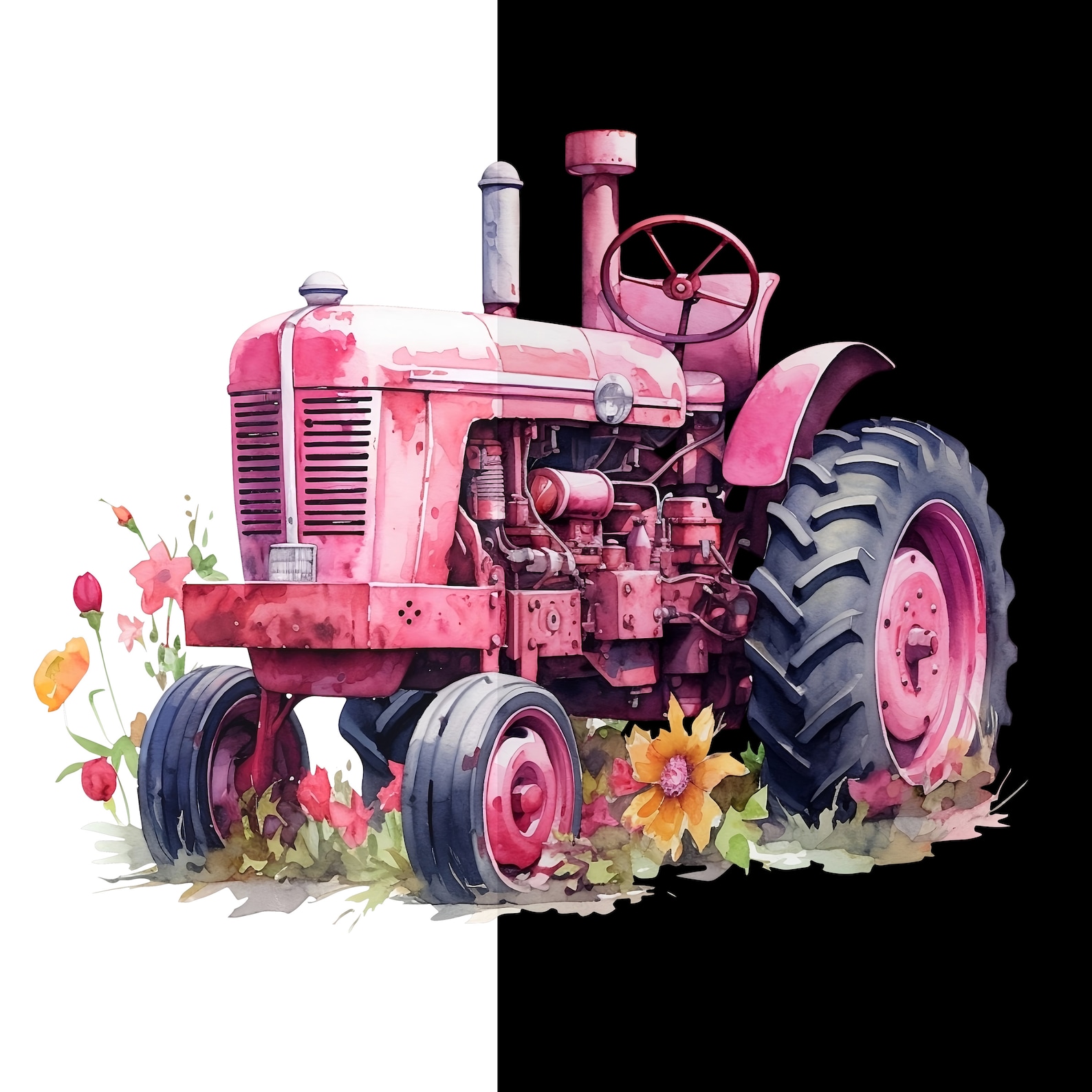 Pink Tractor With Flowers Water Color, Clipart, PNG File 300 DPI, and ...