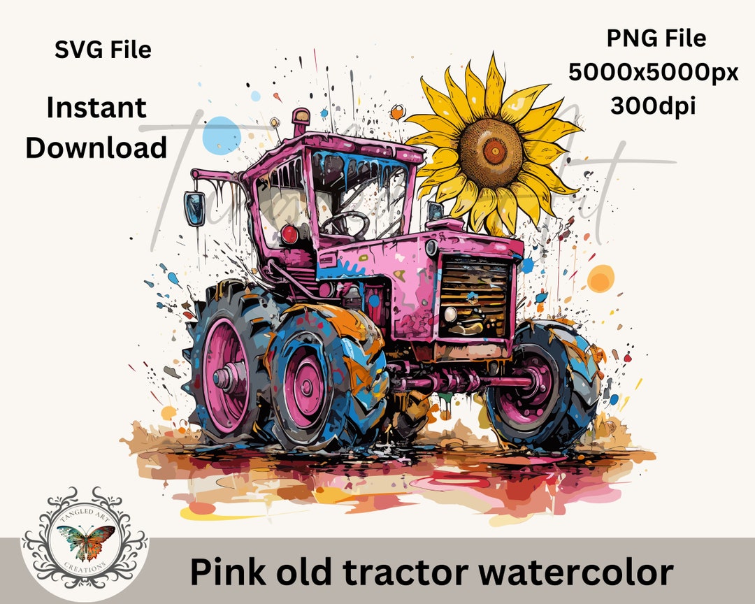 Pink Tractor With Sunflower Water Color, Clipart, PNG File 300 DPI, and ...