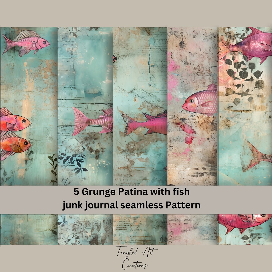 Elegant 5 Grunge Patina With Fish Junk Journal Seamless Pattern Digital ...